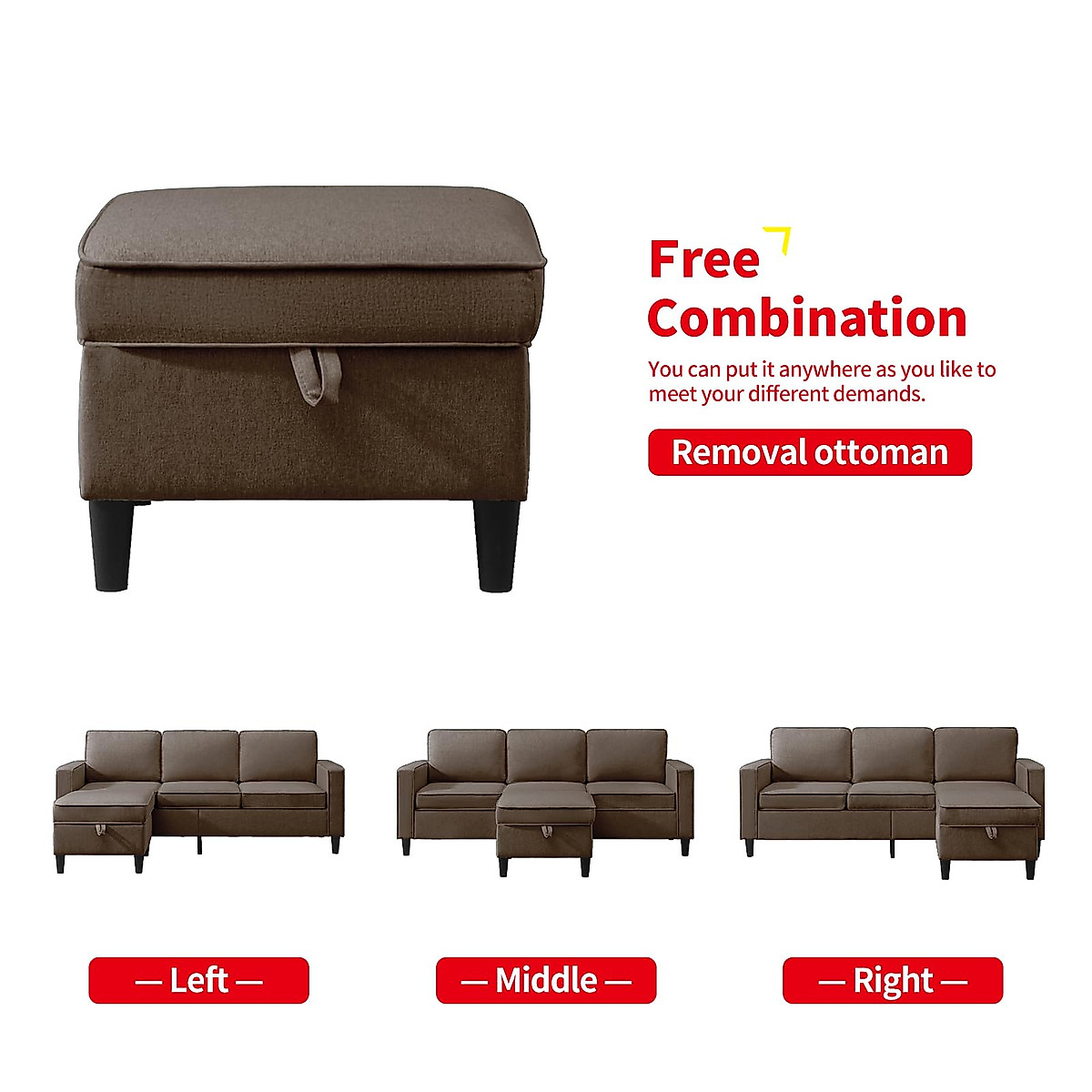 PUREMIND 78 Inches Convertible Sectional Sofa, Linen L-Shaped Sofa Couch with Reversible Storage Ottoman, Wooden Legs, 3-Seat Sectional Couches for Living Room, Small Space, Apartment (Coffee)…