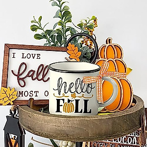 Paayna Hello Fall Mini Coffee Mug Set of 3, Autumn Pumpkin Maple Leaf Mini Coffee Cups for Tiered Tray Decor, Farmhouse Kitchen Coffee Bar Decorations Centerpieces Thanksgiving Housewarming Gift