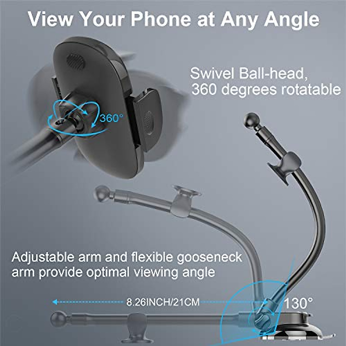 APPS2Car Cell Phone Holder for Car Phone Mount for Car Long Arm Dashboard Windshield Car Phone Holder Mount Strong Suction Cup Anti-Shake Stabilizer Phone Car Holder for All iPhone Android Smartphone