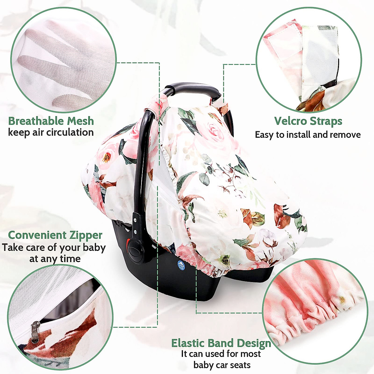 Car Seat Covers for Babies Girl Boy, Cozy Sun & Bug Cover, Infant Carseat Canopy Newborn Stroller Carrier Cover with Breathable Zipper Peep Window, Watercolor Pink Flower