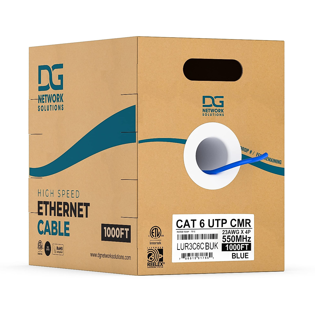 DG Cat6 Riser (CMR), 1000ft, Unshielded, 23AWG, Solid Bare Copper, Up to 10Gb Speeds, No Spline, Faster-Easier Terminations, 550MHz, ETL Listed, Indoor/Home/Commercial Use, Bulk Ethernet Cable, Blue