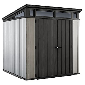 Keter Artisan 7x7 Foot Outdoor Shed with Floor-Modern Design for Patio Furniture Lawn Mower, Tools, and Bike Storage, Grey