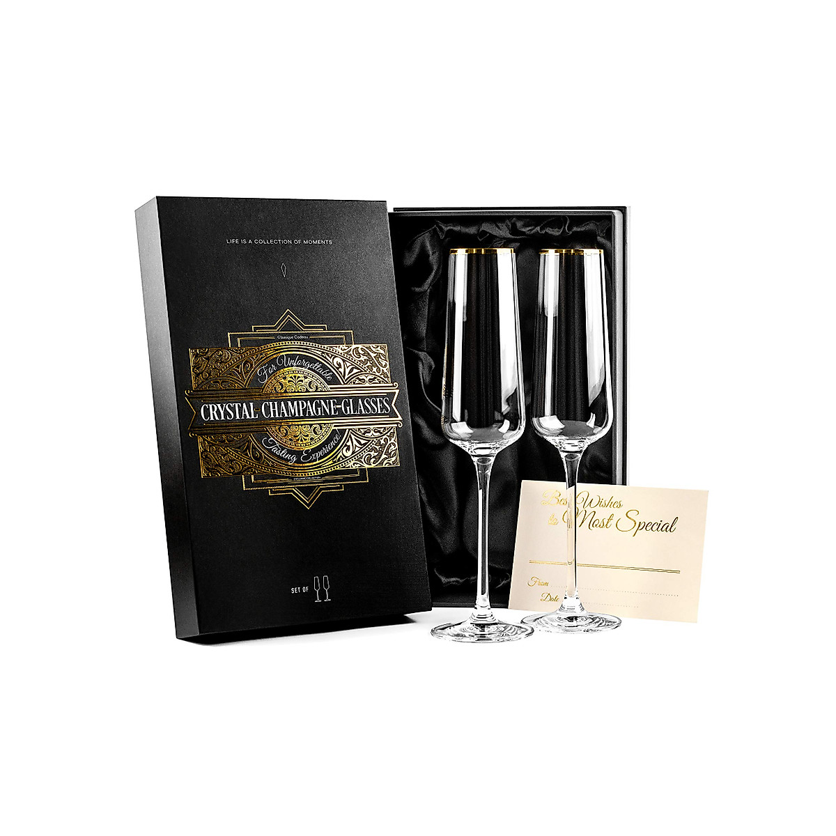 Gold Rim Champagne Gift Glasses | Set of 2 | Crystal Square Toasting Flutes for Bride and Groom, Wedding, Anniversary, Birthday | Elegant Long Stemmed Glassware for Sparkling Wine, Prosecco