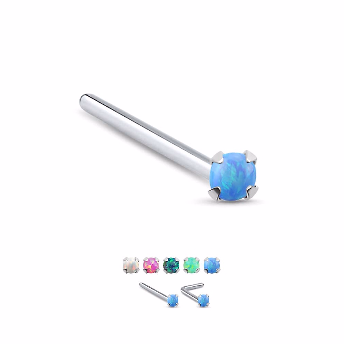 925 Sterling Silver Straight Nose Stud Ring 2.5mm Blue Faux Opal 22G