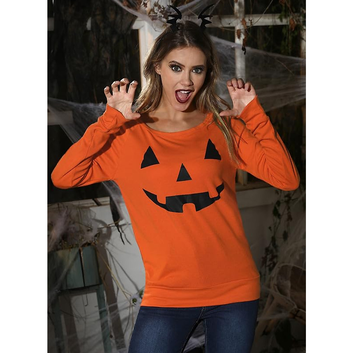 Halloween Womens Shirts Pumpkin Sweatshirts Casual Pullover Orange Tops Jack-O-Lantern XL