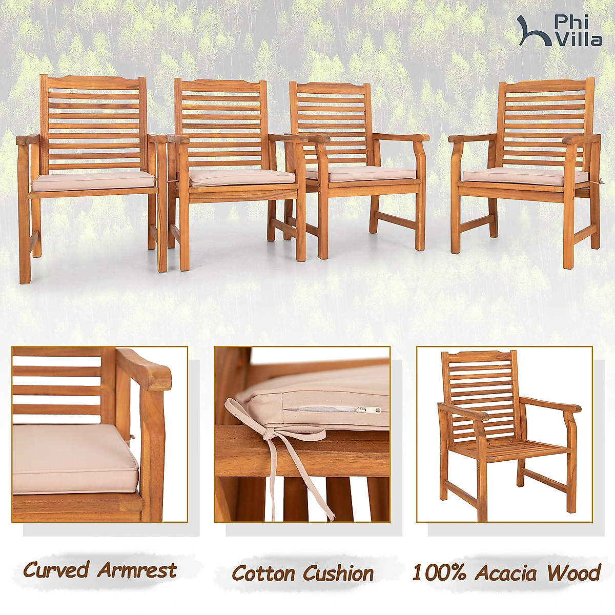 PHI VILLA 6 Pieces Acacia Wood Outdoor Dining Chairs with Cushions, Patio Wooden Armchairs Set of 6, Natural Teak Dining Chairs for Deck, Yard, Porch