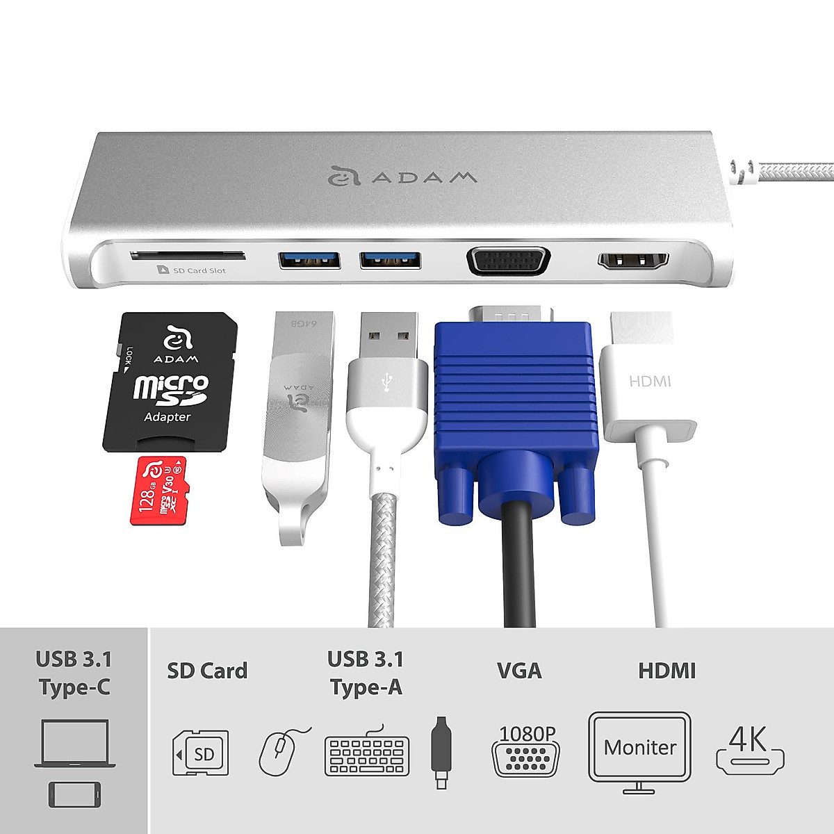 ADAM elements 5-in-1 USB C Hub - 4K USB C to HDMI - SD Card Reader - 2 USB 3.1 Ports - Portable, Durable Aluminum Case