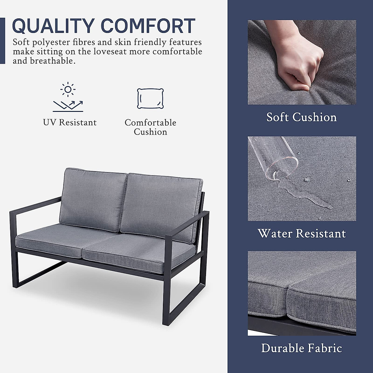 RICNOD Outdoor Loveseat with Coffee Table, Patio Conversation Set, Aluminum Modern Patio Furniture Set with Cushions for Balcony,Backyard, Poolside, Dark Grey