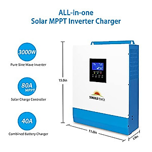 3000W DC 24V Pure Sine Wave Inverter with 80A MPPT Solar Charger and 40A AC Battery Charger, Hybrid Solar Inverter Charger Manufactured by SunGoldPowerCo.,Ltd (Upgraded)
