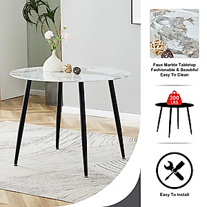 40'' Round Glass Dining Table with 0.3'' White Imitation Marble Tempered Glass Desktop, Modern Dining Table with 4 Metal Legs for Dining Room Kitchen Living Room.