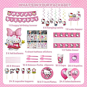 Kitty Birthday Party Supplies, 200 Pcs Cute Kitten Party Favor Pink Party Decorations includes Cake Topper, Tableware, Kitten Foils Balloons, Tattoos Stickers, Hanging Swirl