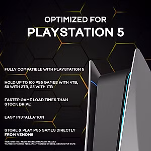 Fantom Drives VENOM8 1TB NVMe Gen 4 M.2 SSD for PlayStation 5 (PS5) Gaming PC & Laptop, Graphics, Video Editing - 3D NAND TLC DDR4 DRAM Cache Internal SSD - Up to 7400MB/s - w/Heatsink (VM8X10-PS5)