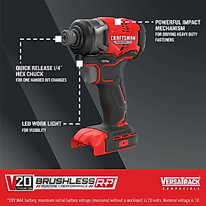 CRAFTSMAN V20 Cordless Impact Driver, 1/4 inch, Bare Tool Only (CMCF813B)