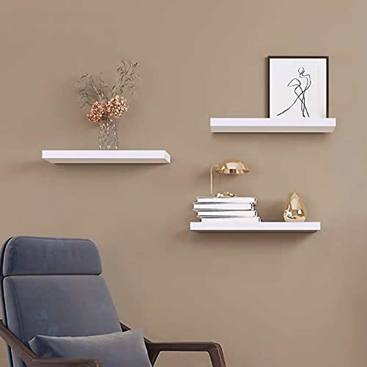 SEMOFO White Floating Shelves for Wall,Set of 3 Floating Shelf Wall Mounted Modern White Wooden Display Wall Shelves for Living Room Bedroom Kitchen Bathroom Kitchen,Length 16.5''