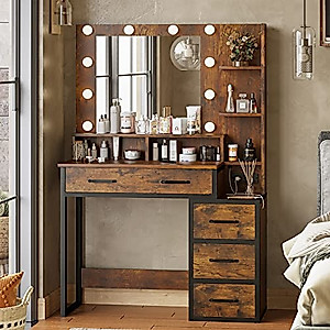 Tiptiper Vintage Makeup Vanity with Lights in 3 Colors, Vanity Table with Charging Station of 2 USB Ports and Outlets, Vanity Desk with Large Mirror, Drawers and Shelves, Rustic Brown and Black