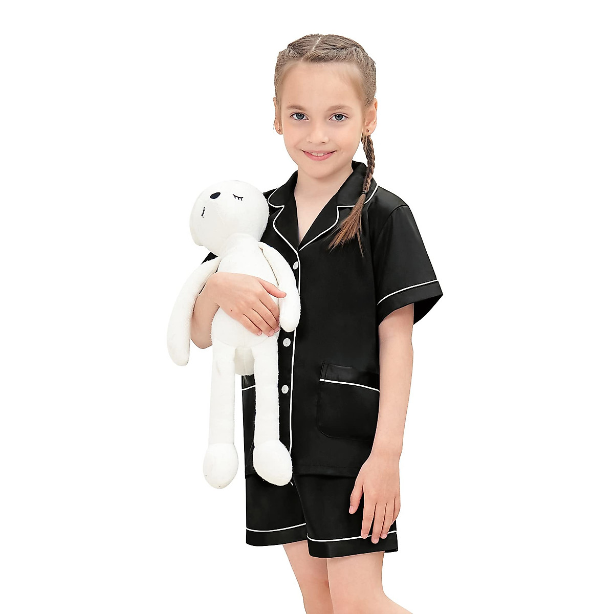 SWOMOG Satin Kid Pajamas for Girls Silk Pjs Set with 2 Pockets Boys Sleepwear Button-up Lounge Sets Short Sleeve Nightwear Black