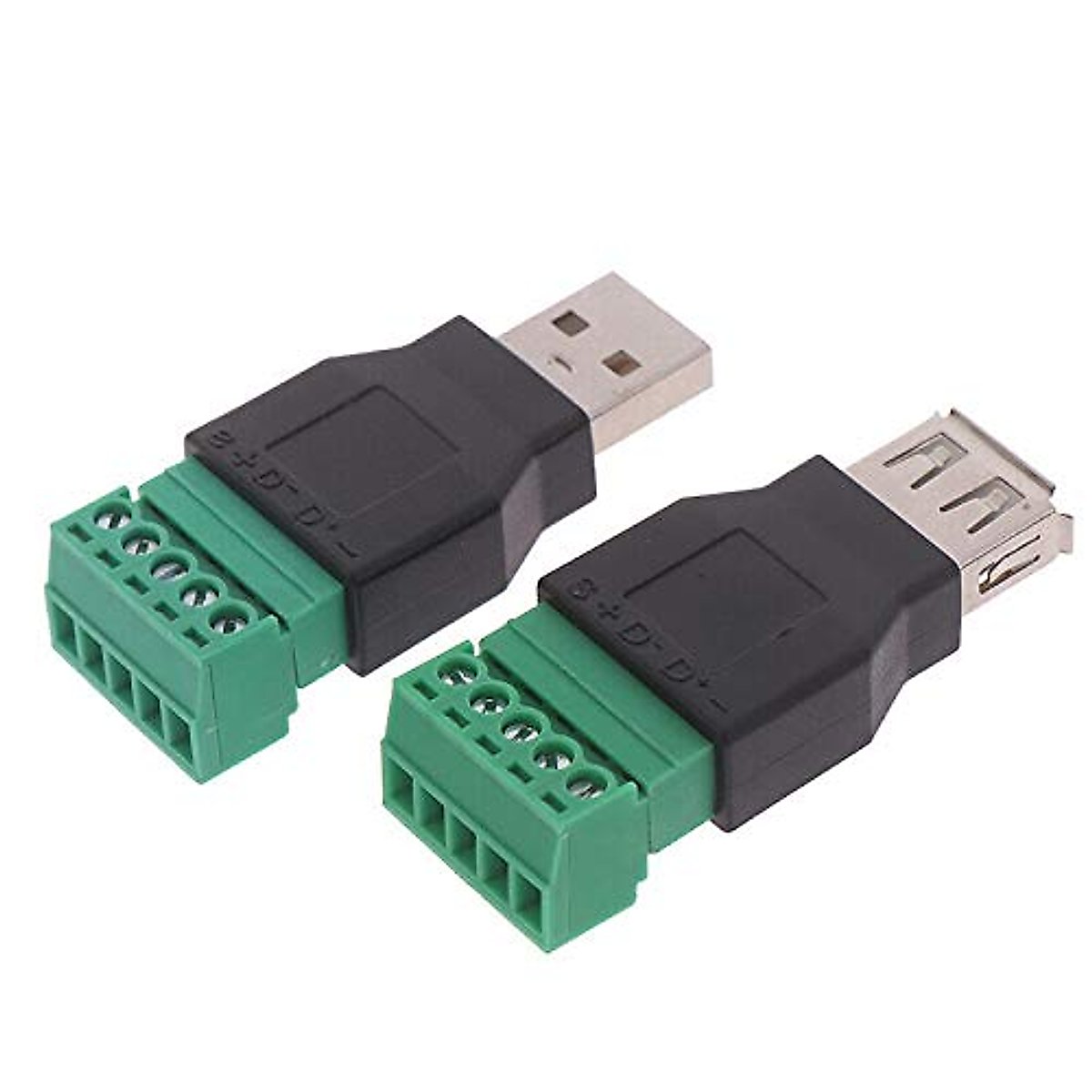 VizGiz 2 Pack USB 2.0 Plug Replacement 5Pin Solderless Screw On Type USB Terminal Block Connector Male and Female Socket Jack Adapter for LED Strip Lights USB Charging Projects Camera Electronics Test