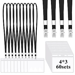 60 Pack Clear Name Tags Holder and Lanyards, Reusable Lanyard with Horizontal ID Badge Holder Bulk Lanyards with Clip for Id Badges(Black)
