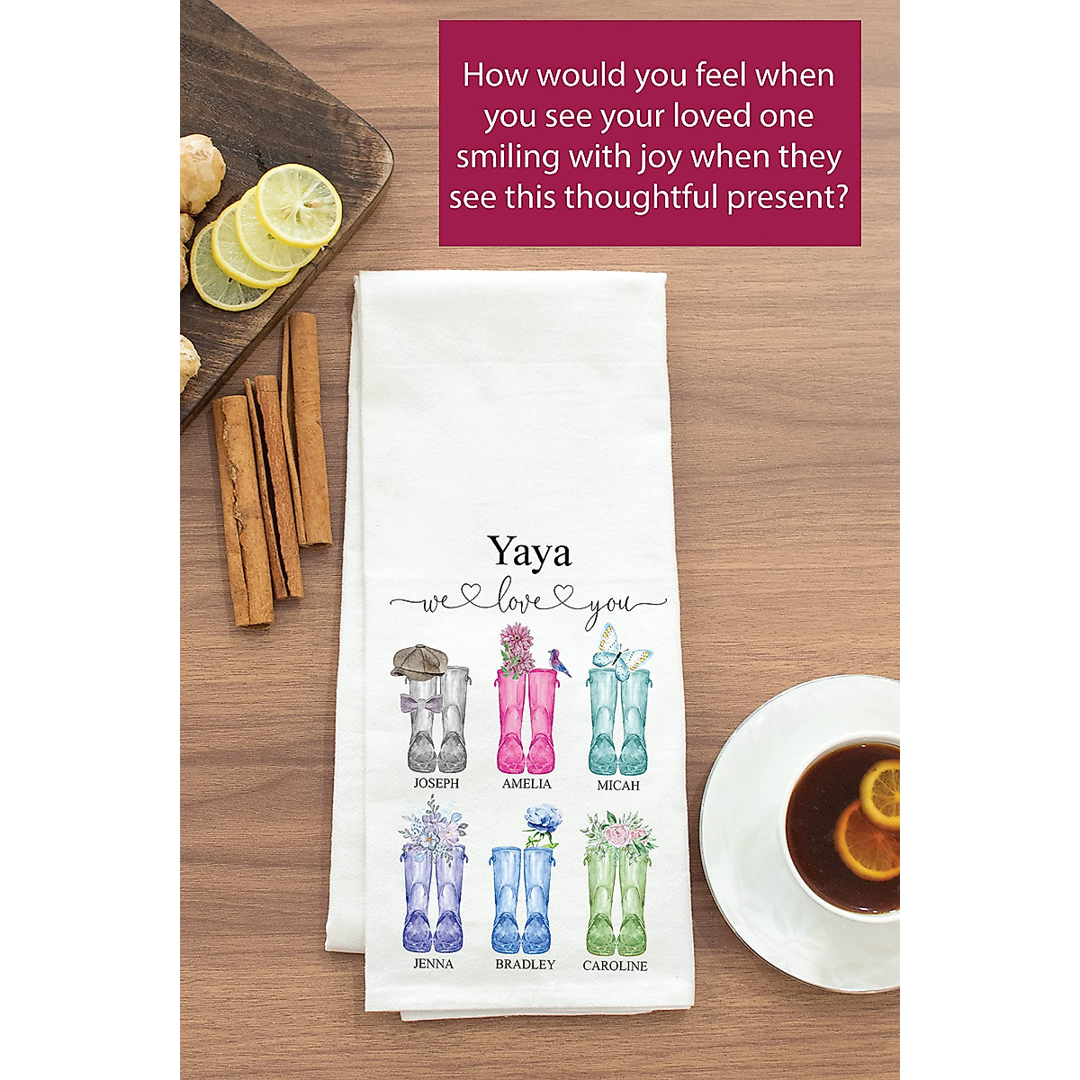 The Pine Trove Custom Yaya Gifts from Grandkids, Personalized Yaya Tea Towel, Boots Design (Off-White, 100% Flour Sack Cotton, 28x30 inch)