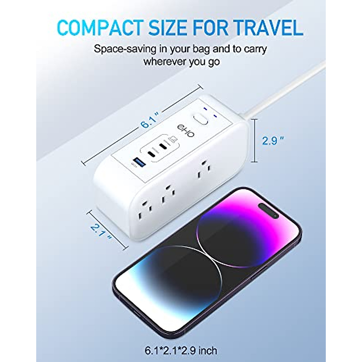 6FT PD 65W USB C Power Strip Surge Protector for Travel&Work, 9-in-1 Power Strip with 6 Widely AC Outlets&3 USB Ports, Overload Protection, Flat Plug, Wall Mount, Desk USB Charging Station, 1875W/15A