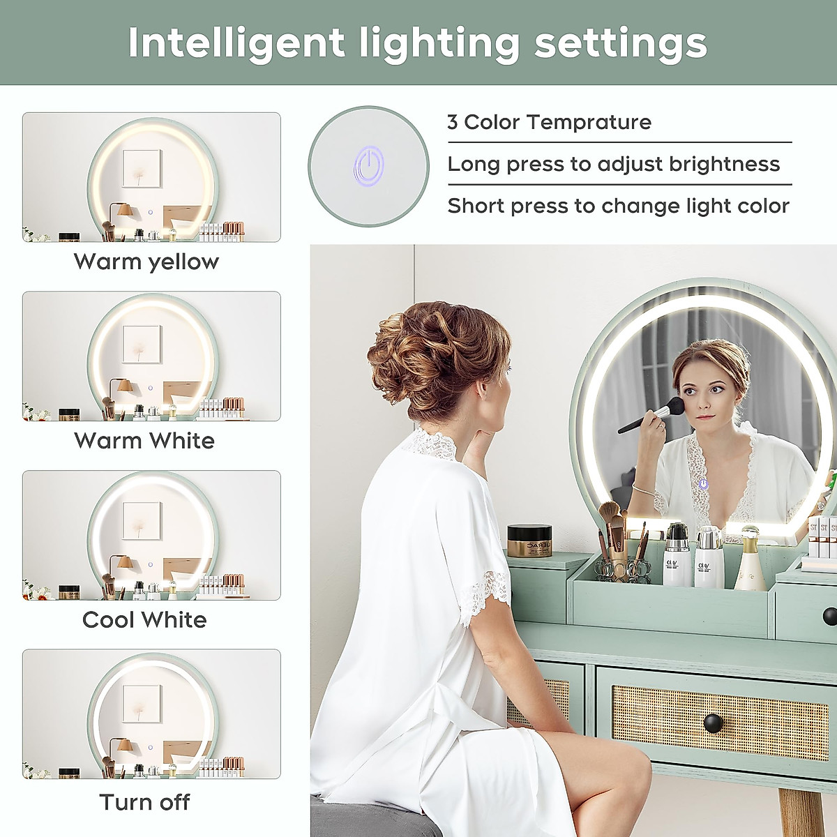 Brafab 31" Boho Natural Rattan Vanity Desk Set with 3 Modes Adjustable Lighted Mirror and Cushioned Stool, Modern Compact Design Makeup Table for Bedroom, Cute Dressing Table for Small Space, Mint