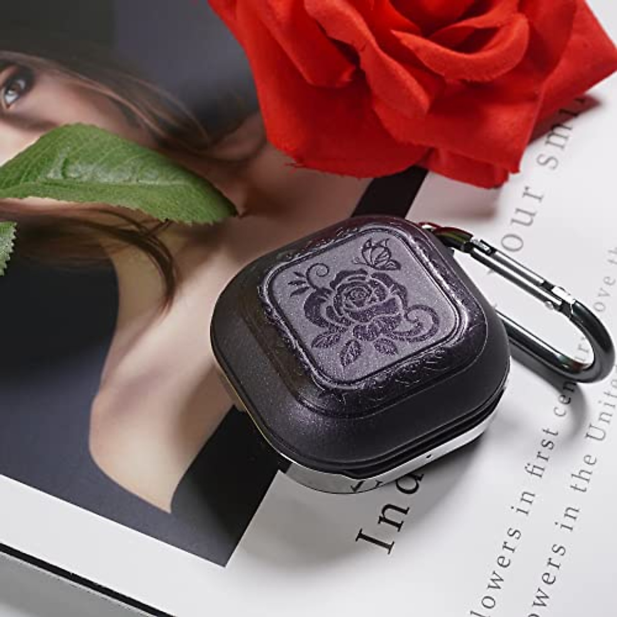 ATIMIRA TPU Rose Carving Case with Buckle Compatible with Galaxy Buds FE Case 2023 Galaxy Buds 2 Pro Case 2022/ Galaxy Buds 2 Case 2021/ Galaxy Buds Pro Case 2021/ Buds Live Case 2020,Black-Purple