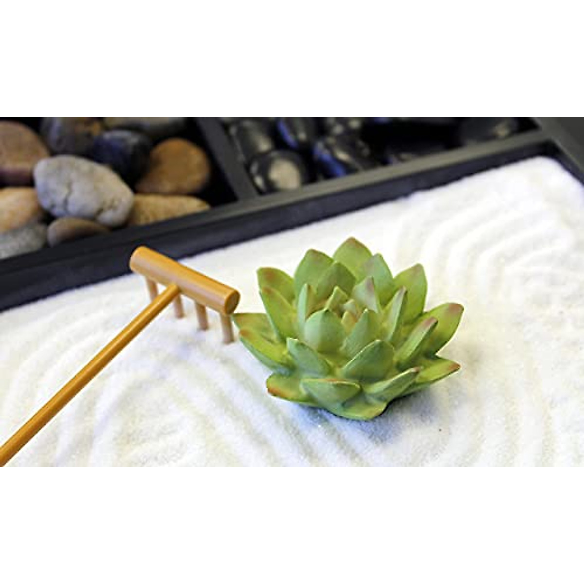 Nature's Mark Mini Zen Garden Kit for Desk with Rake, White Sand, Lotus Figure, 3 Sections Black Square Base, River Rocks and Black Rocks (9Lx9W C)