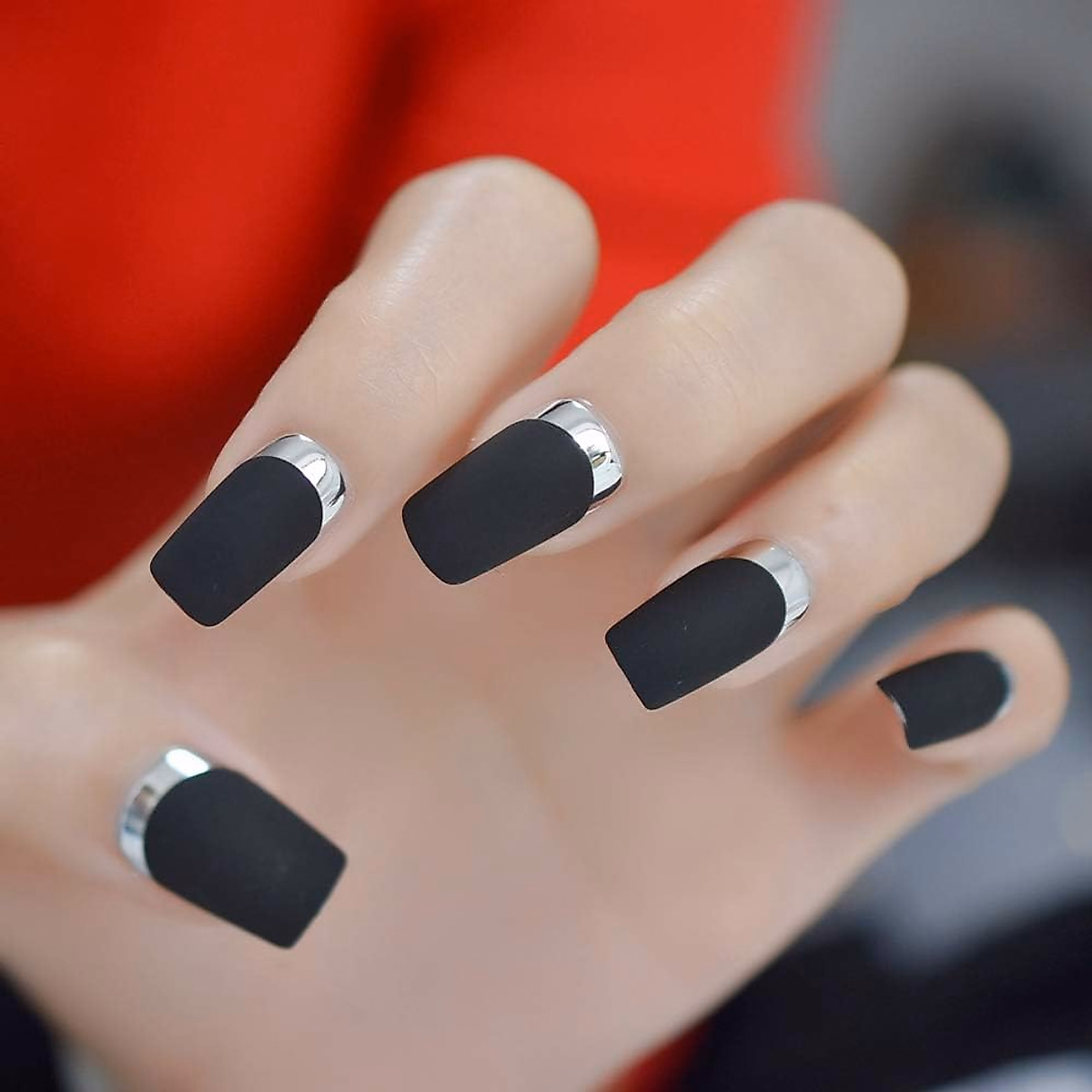 ELEVENAIL Matte Black Silver Metallic French Press on False Nails Medium Length Square Salon DIY Manicure Reusable Fake Acrylic Christmas Nail Art Tips with Jelly Adhesive Tabs Nail File