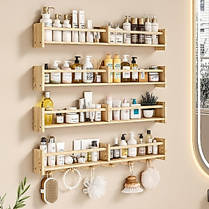 ECOOCE 34Inch Nursery Bookshelves,Set of 4,Wall Floating Shelf Kids Coat Rack with 6Hooks,Hanging Book Shelf for Baby Nursery Room Décor， Patent Number: 29958098(Burlywood, 34)