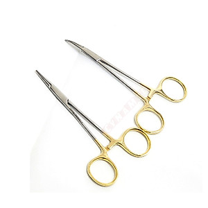 Premium German Stainless- Set of 2 PCS Gold Handle Mosquito Locking HEMOSTAT Forceps Straight + Curved 5"-Cynamed