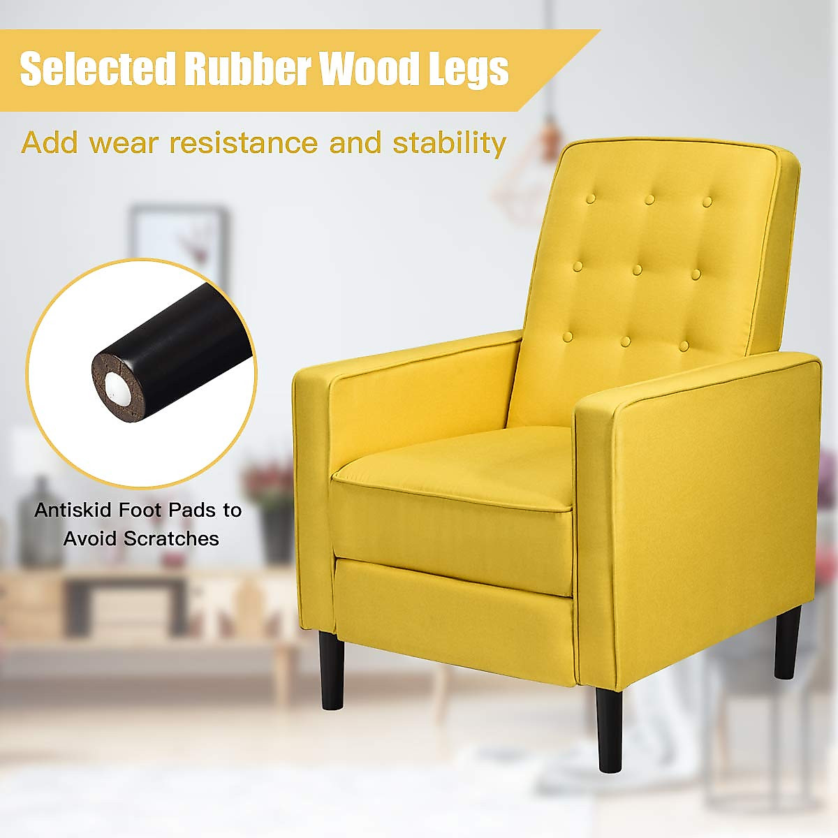 Giantex Push Back Recliner Chair, Modern Fabric Recliner w/Button-Tufted Back, Accent Arm Chair for Living Room, Bedroom, Home Office (Yellow)