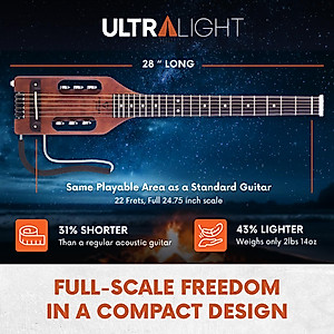 Traveler Guitar Ultra-Light Guitar for Travel | Portable and Headless Electric Acoustic Guitar | Full 24 3/4" Scale | Antique Brown Travel Guitar with Custom Gig Bag and Removable Lap Rest