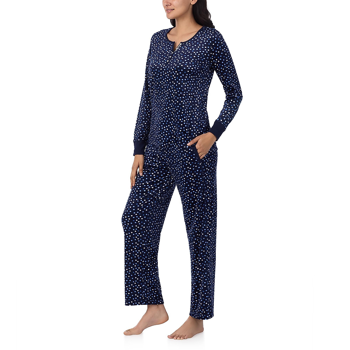 Nautica Pajamas for Women Set, Womens Long Sleeve Henley Pajama Shirt Top & Pants, Cozy Soft Sleepwear Lounge PJ Sets for Women, Women's Winter Warm Fleece PJs Loungewear - Navy Blue Dots, Large
