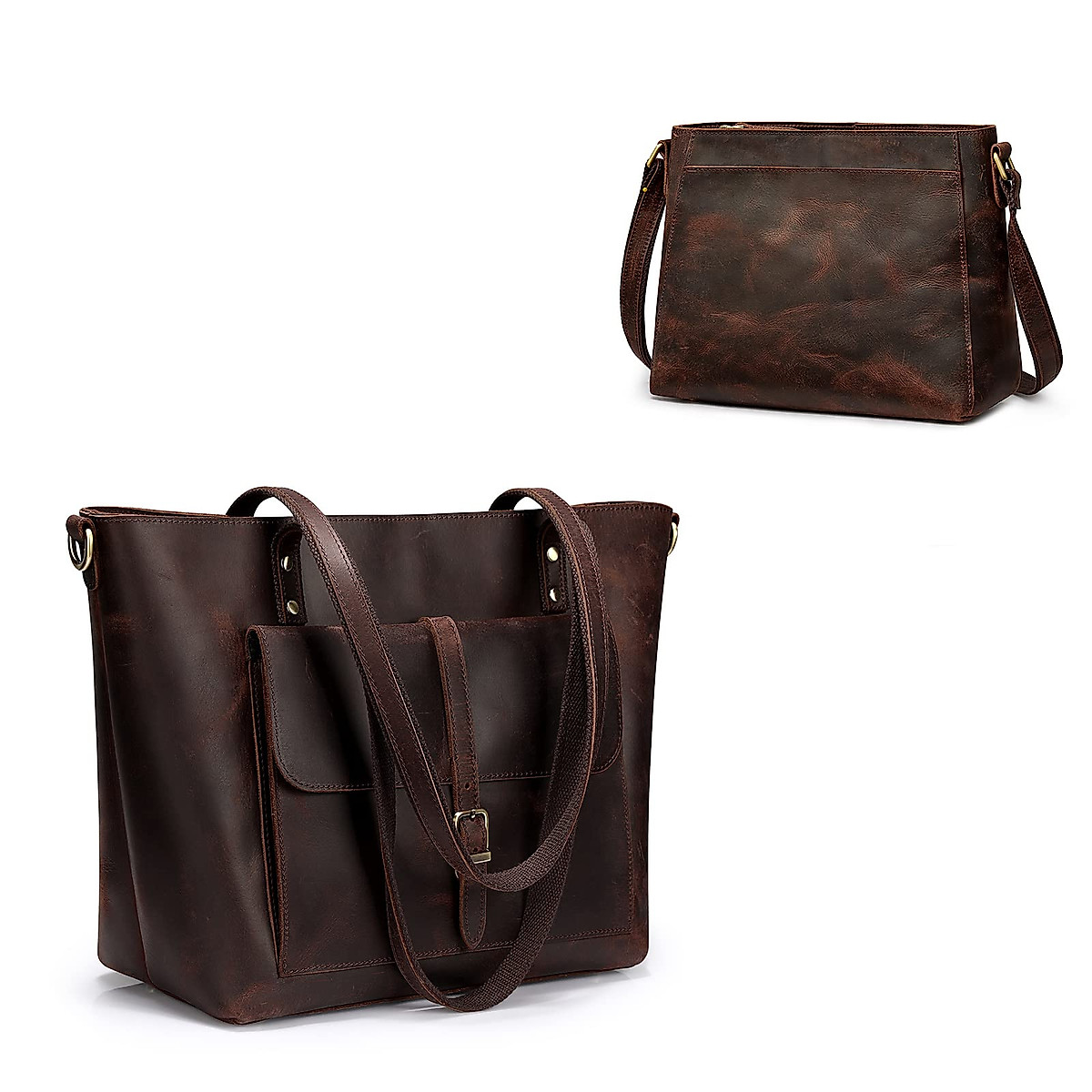 S-ZONE Women Genuine Leather Tote Bag Shoulder Handbag Bundle with Crossbody Bucket Purse