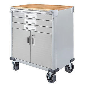Seville Classics UltraHD Heavy Duty Rolling Cabinet Workbench Table w/Solid Wood Top Workstation for Garage, Warehouse, Office, Workshop, 28" W x 18" D x 34.5" H, 3-Drawer, Granite