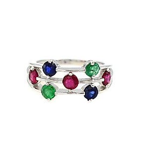 Natural Ruby Emerald Sapphire Mix Gemstone 4 MM Round Cut 925 Sterling Silver Cluster Unisex Proposal Ring For Christmas Gift (Rhodium Plated Silver, 11)