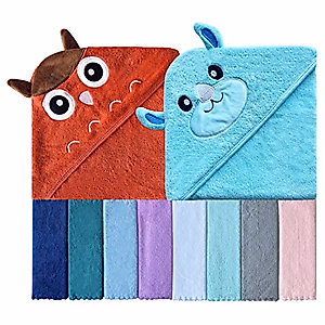 Sunny zzzZZ Baby Hooded Bath Towel and Washcloth Sets, Baby Essentials for Newborn Boy Girl, Baby Shower Towel Gifts for Infant and Toddler - 2 Towel and 8 Washcloths - Owl and Rhino