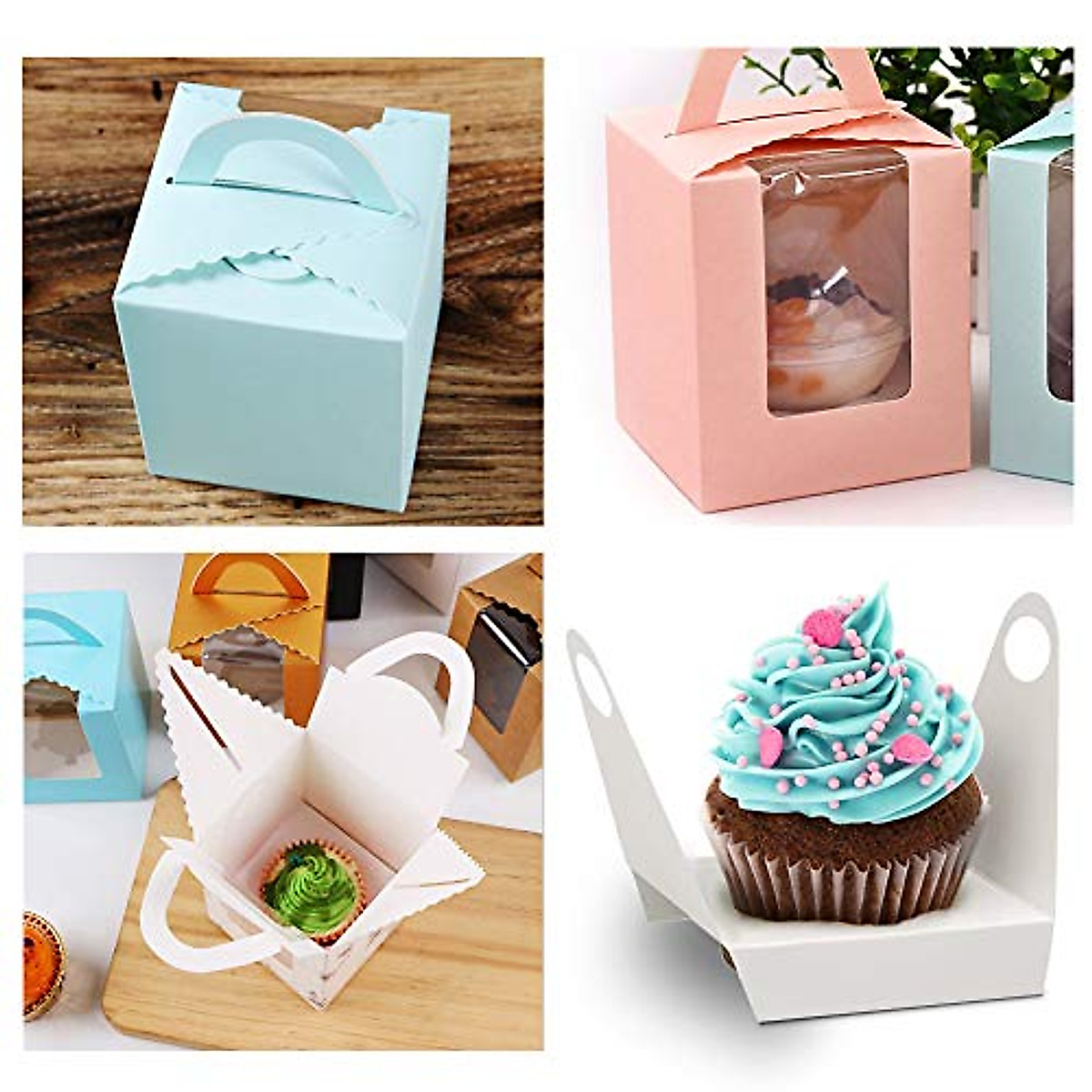 50 Pack Cupcake Boxes Individual, Portable Single Cupcake Carrier With Window Insert and Handle, Cupcake Boxes Individual Blue For Bakery Wrapping
