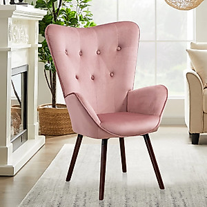 FurnitureR Velvet Accent Chair, Modern Wingback Tufted Vanity Armchair Upholstered Tall Back with Arms Solid Wood Legs for Living Bedroom Waiting Room Lounge Leisure, Rose