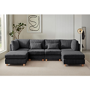 MYINDA U Shaped Sectional Couches for Living Room, 110 Inch Modular Sectional Sofa with Movable Ottoman, Corduroy Oversized Living Room Furniture Sets (Dark Gray)
