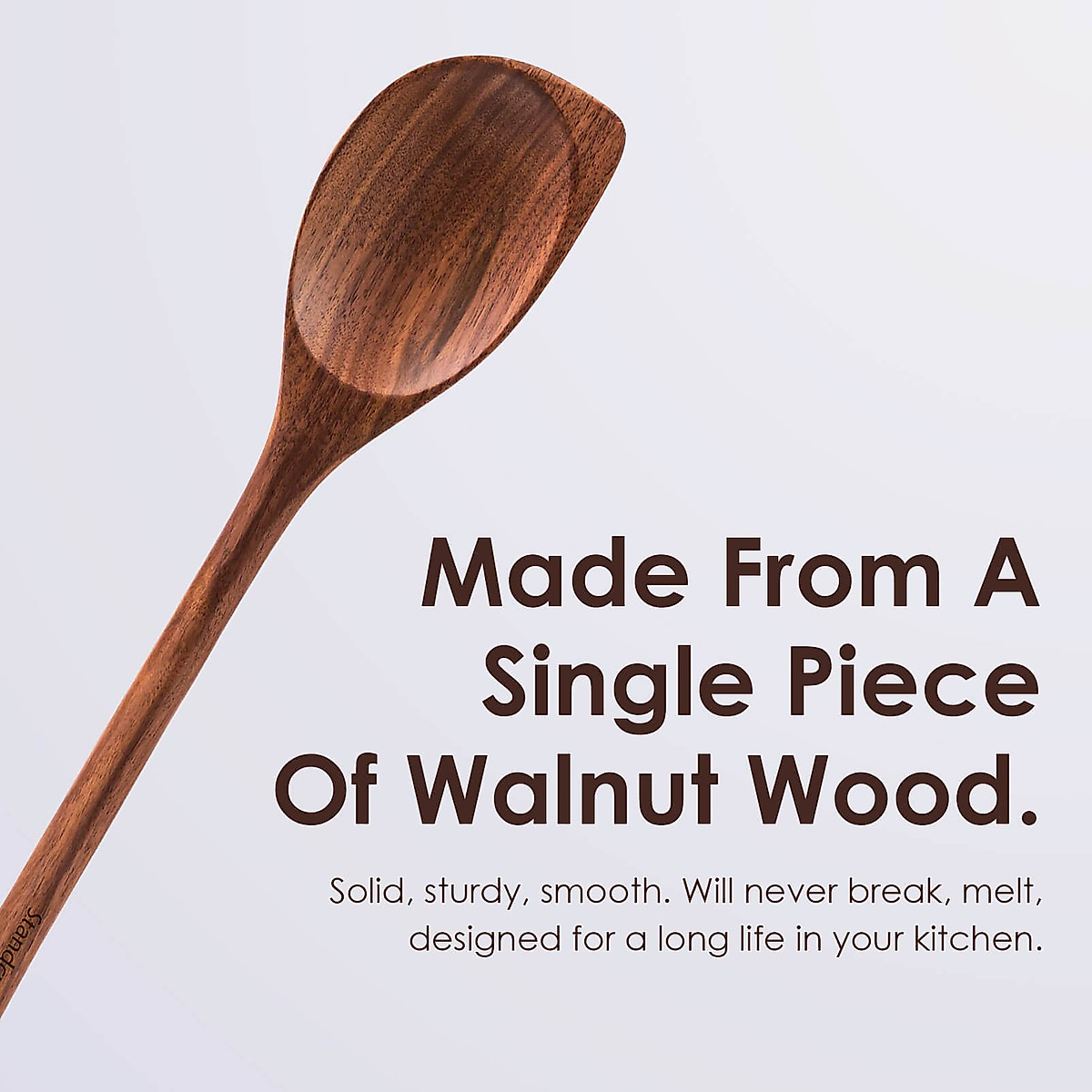 Black Walnut Kitchen Utensils Set - 7 Pcs Dark Wooden Cooking Utensils, 13.6” Long Handle Natural Walnut Wood Flat Spatula, Slotted Turner, Soup Ladle, Skimmer, Pasta Server, Corner Spoons for Cooking