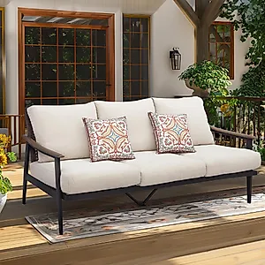 NATURAL EXPRESSIONS Patio Sofa Outdoor Furniture Metal Chair with Wicker Backrest & 6 Inches Cushion for Indoor, Front Porch, Deck, Balcony, Backyard, Sunroom, 73.35"(L) x 29.75"(W) x 33.86"(H).
