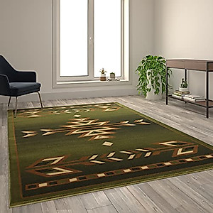 Flash Furniture Lodi Collection Southwestern Area Rug - Low Pile Green Olefin Rug - 6' x 9' Area Rug - Jute Backing - Hallway, Entryway, Bedroom, Living Room