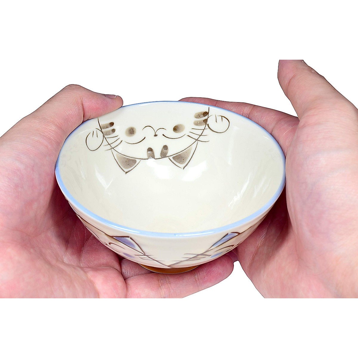 Japanese Handcrafted Rice Bowl, Authentic Mino Ware Pottery, Calico Cat Motif Design, MIKE Blue Chawan, set of 2