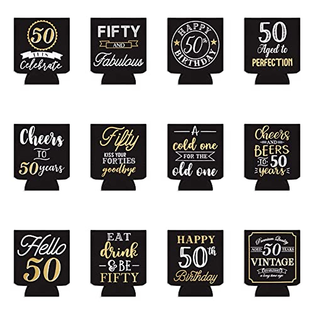 12-Pack 50 and Fabulous Birthday Decorations and Supplies for Women and Men, Black and Gold Insulated Neoprene Can Cooler Sleeve Party Favor for 12 oz Soda, Beer, Beverages (2.5x4 in)