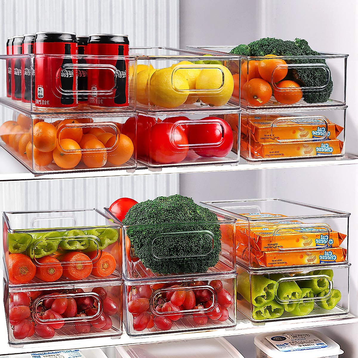 Stackable Refrigerator Organizer Bins, 6 Pack Clear Kitchen Organizer Container Bins with Handles and 20 PCS Free Plastic Bags for Pantry, Cabinets, Shelves, Drawer, Freezer - Food Safe, BPA Free 10"L