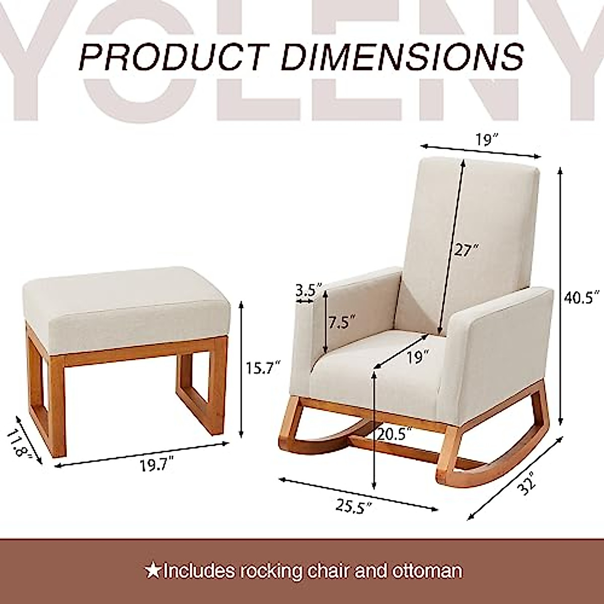 YOLENY Rocking Chair with Footstool, Upholstered Nursery Glider Rocker, Modern Accent Rocking Lounge Chair, Comfy High Back, Linen Armchair,Beige