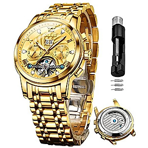 OLEVS Mens Automatic Mechanical Watch Gold Stainless Steel Skeleton Tourbillon Self Winding Luxury Business Dress Date Diamond Wrist Watches Waterproof Luminous