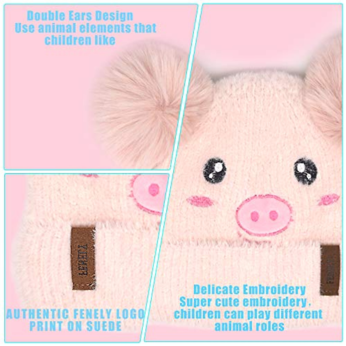Kids Winter Beanie Knitted Hats for Girls Boys Toddler Baby, Pig Cartoon Animal Faux Fur Double Pom Pom Bobble Warm Soft Fleece Cute Infant Stocking Cap For Children