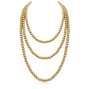 Golden Long Pearl Necklace for Women Layered Faux Pearl Strand Necklace Costume Jewelry, 69",Diameter Pearl 8MM